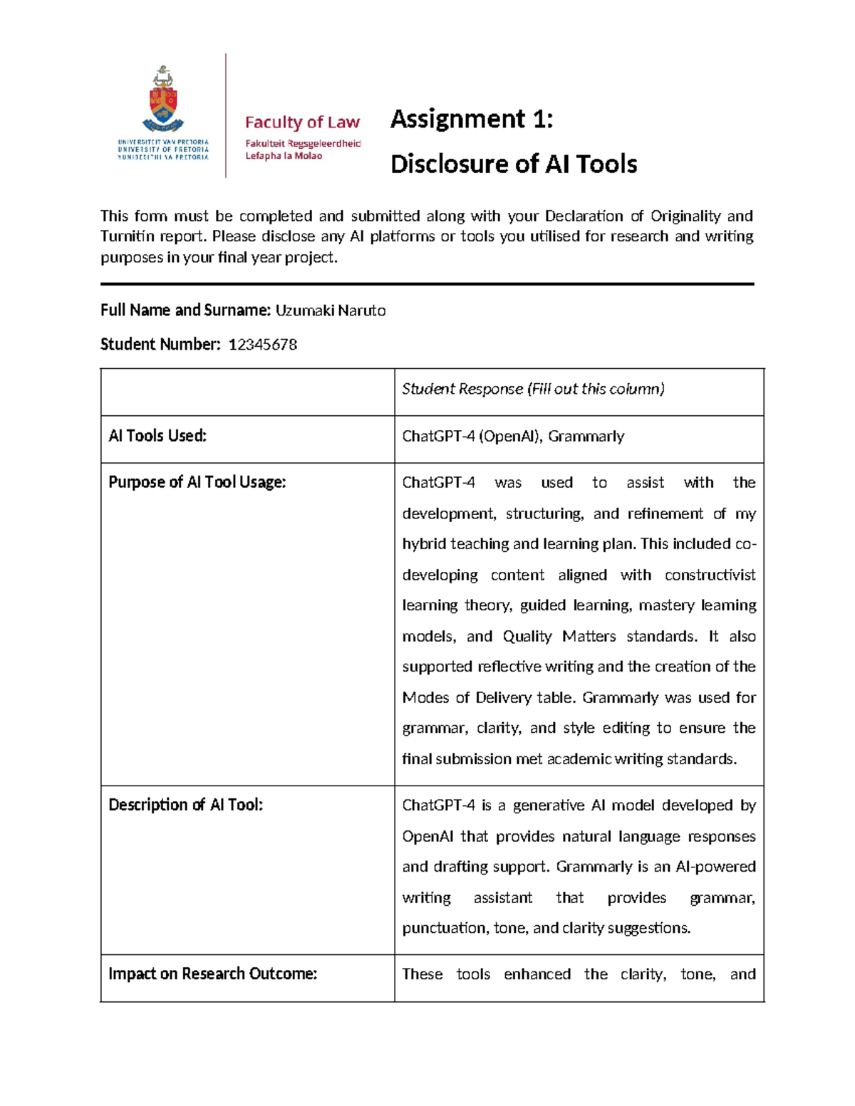 AI Tools Disclosure Form: Assignment 1 Submission - Studocu