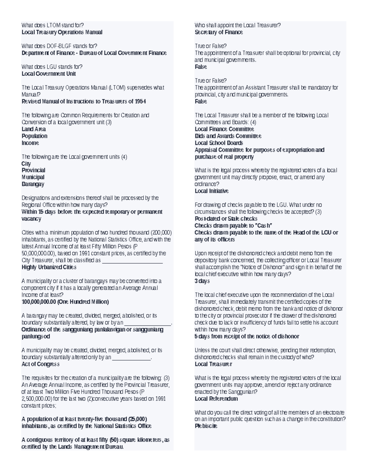 Final Exam Notes for BCLTE: Local Treasury Operations Manual Insights ...