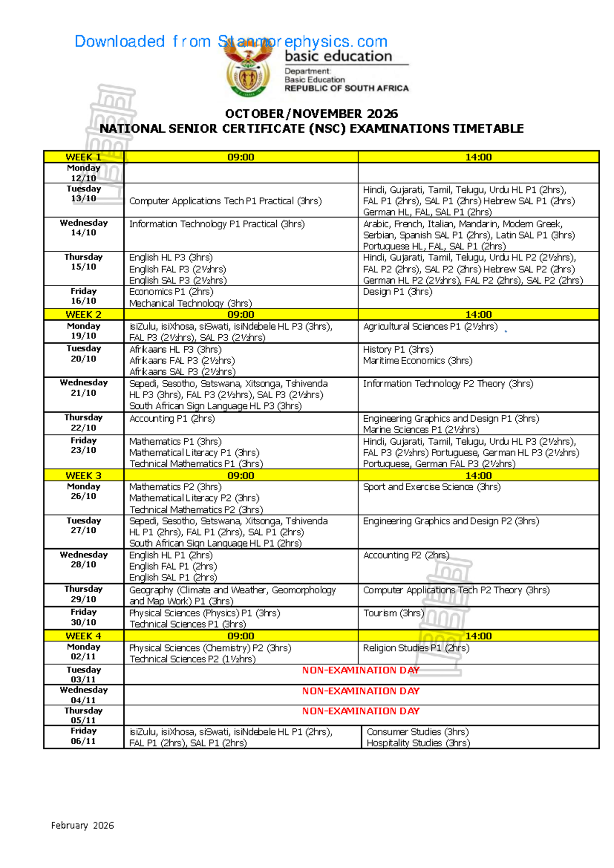 NSC 2026 October/November Exam Timetable Overview - Studocu