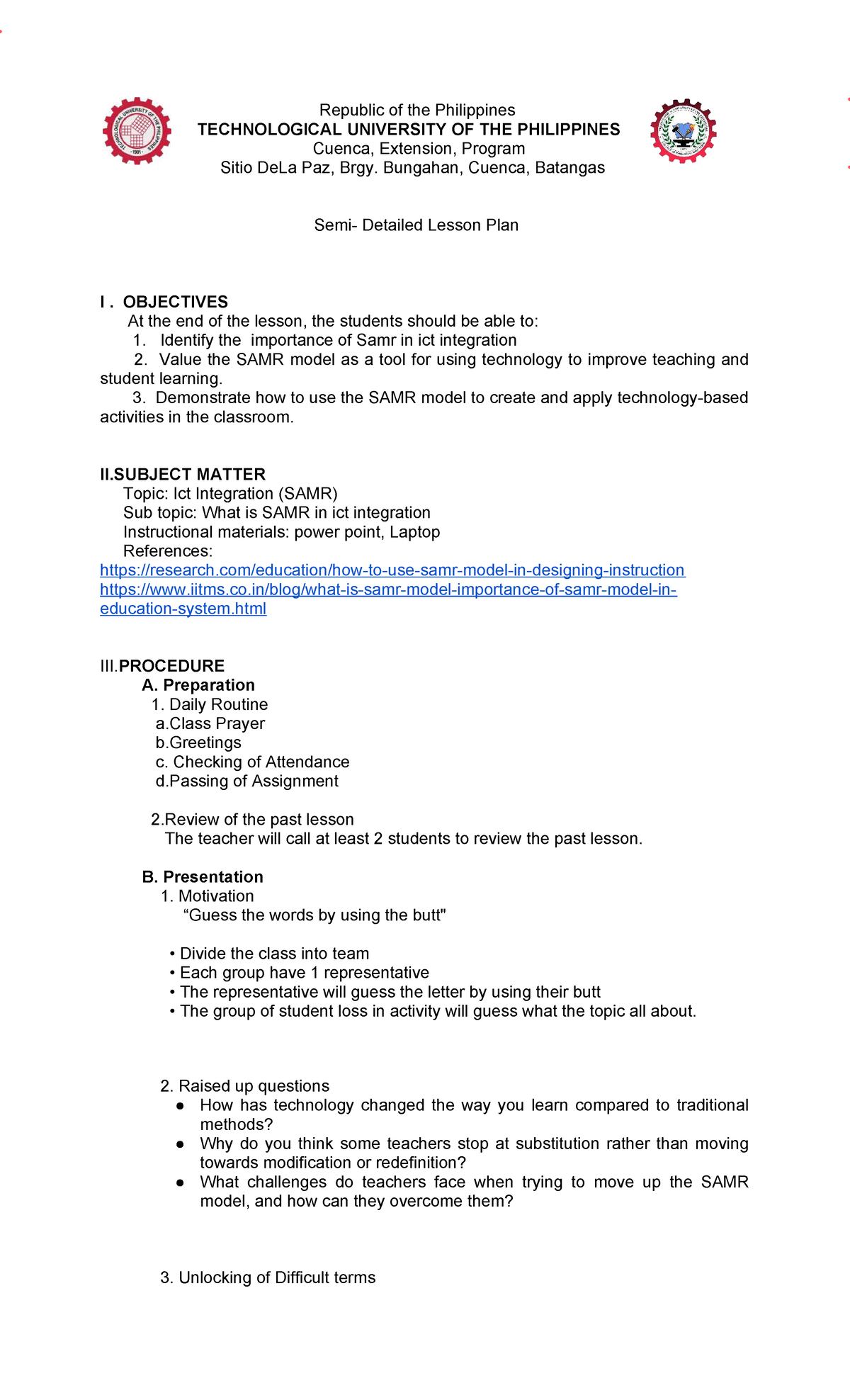 Detailed Lesson Plan on SAMR Model for ICT Integration (EDUC 101) - Studocu