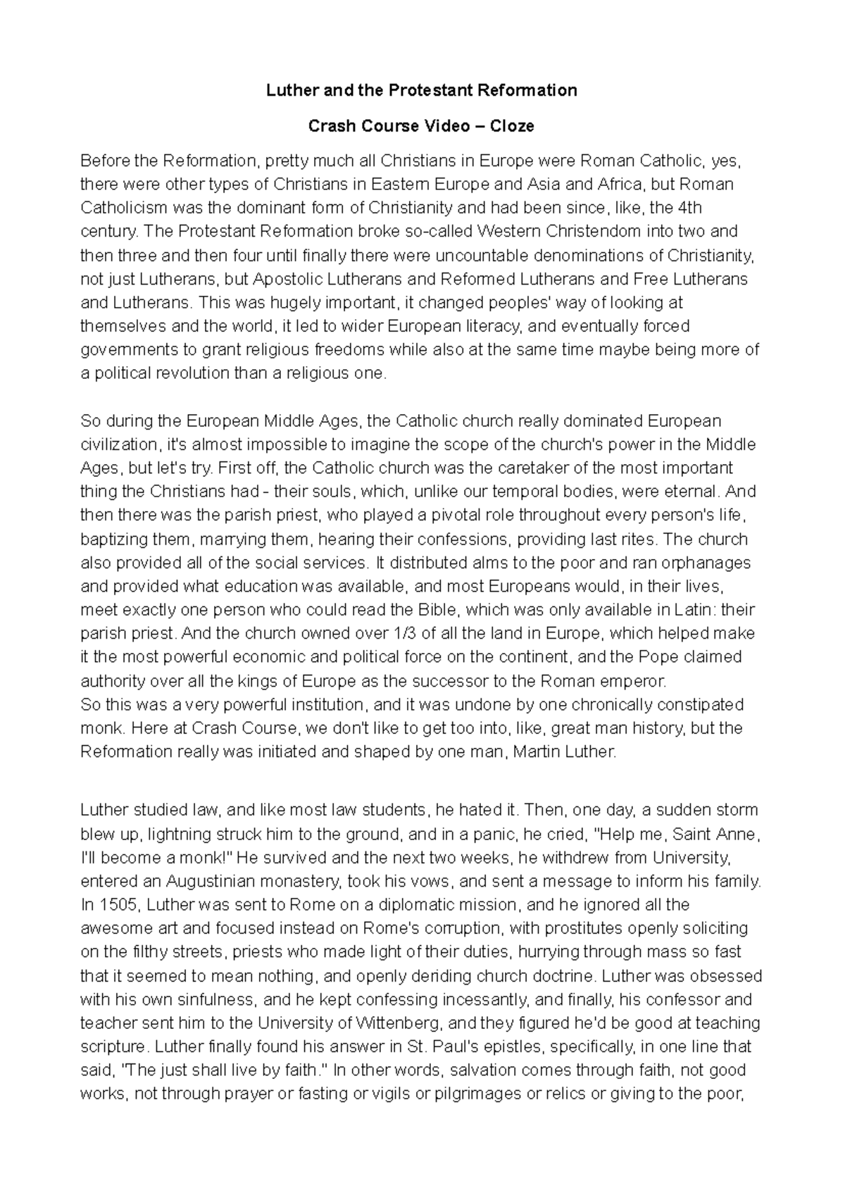 Luther and the Protestant Reformation: Crash Course Video Cloze Notes ...