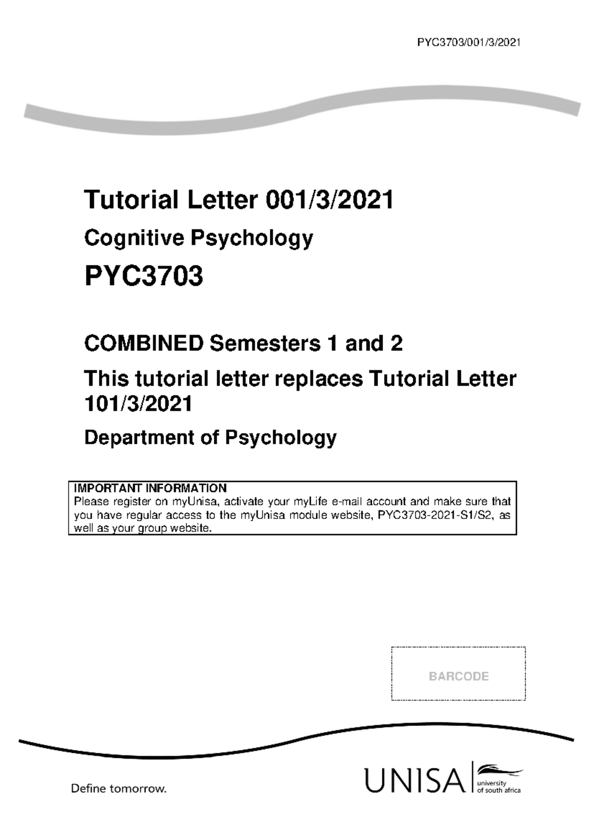 001 2021 3 b - .............. - PYC3703/001/3/ Tutorial Letter 001/3/ Cognitive Psychology PYC ...