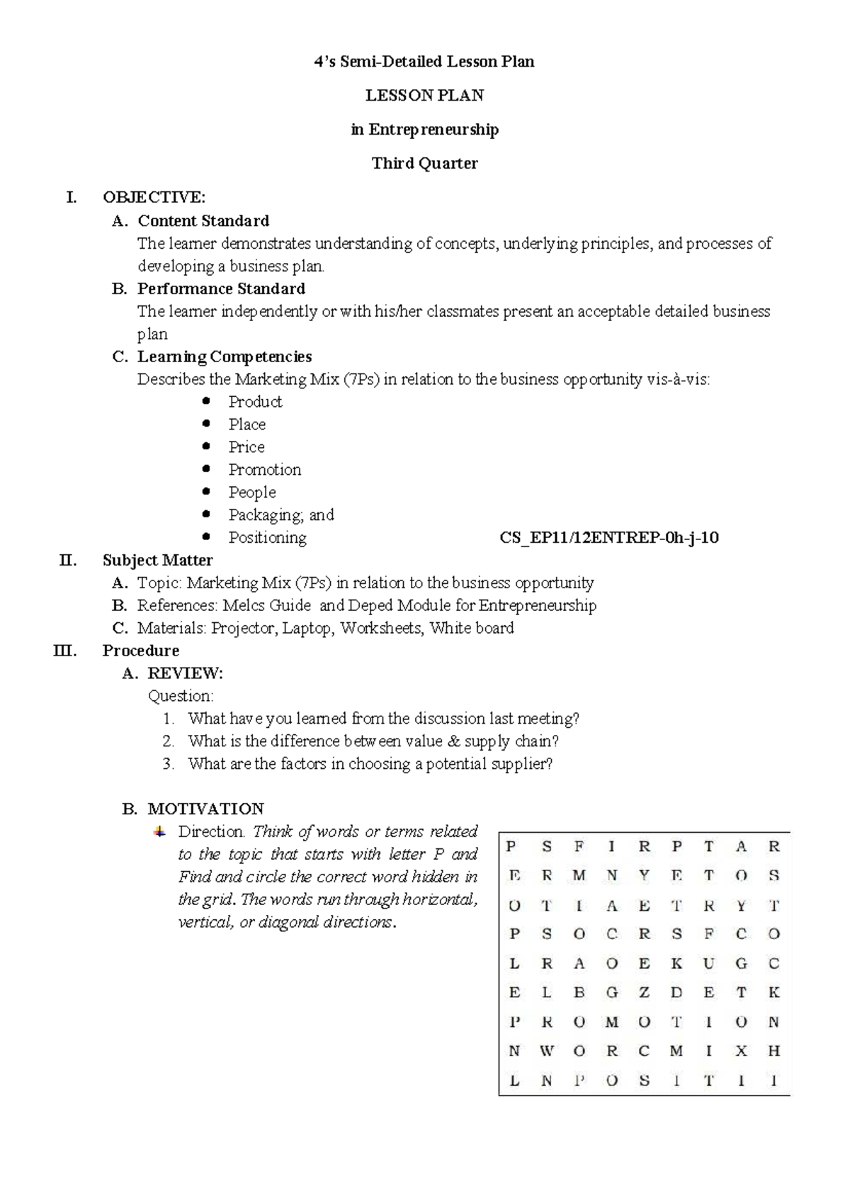 COT 2 2021 Lesson Plan: Understanding the 7Ps in Entrepreneurship - Studocu