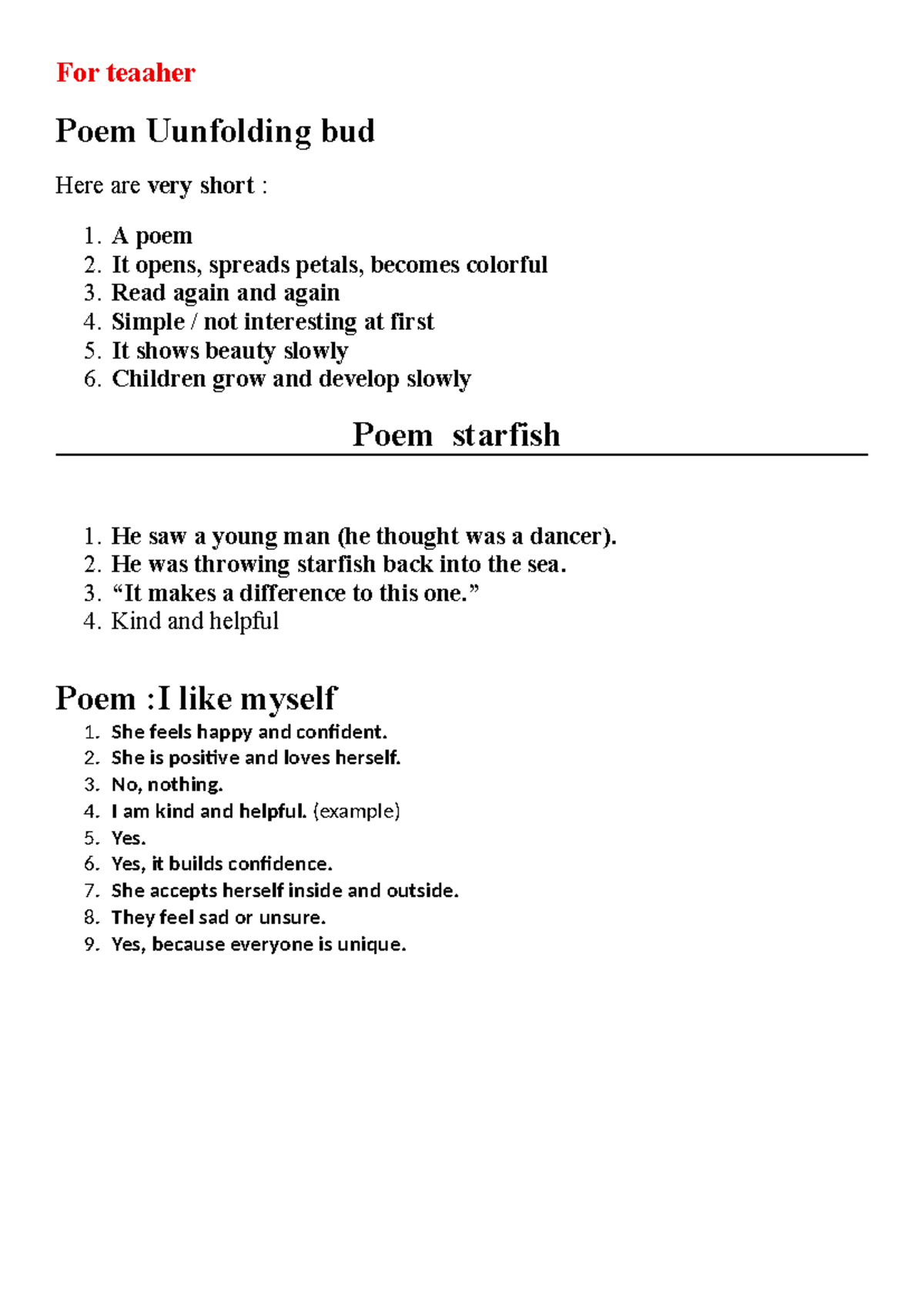 K2 Poetry Worksheet: Unfolding Buds and Starfish - Studocu