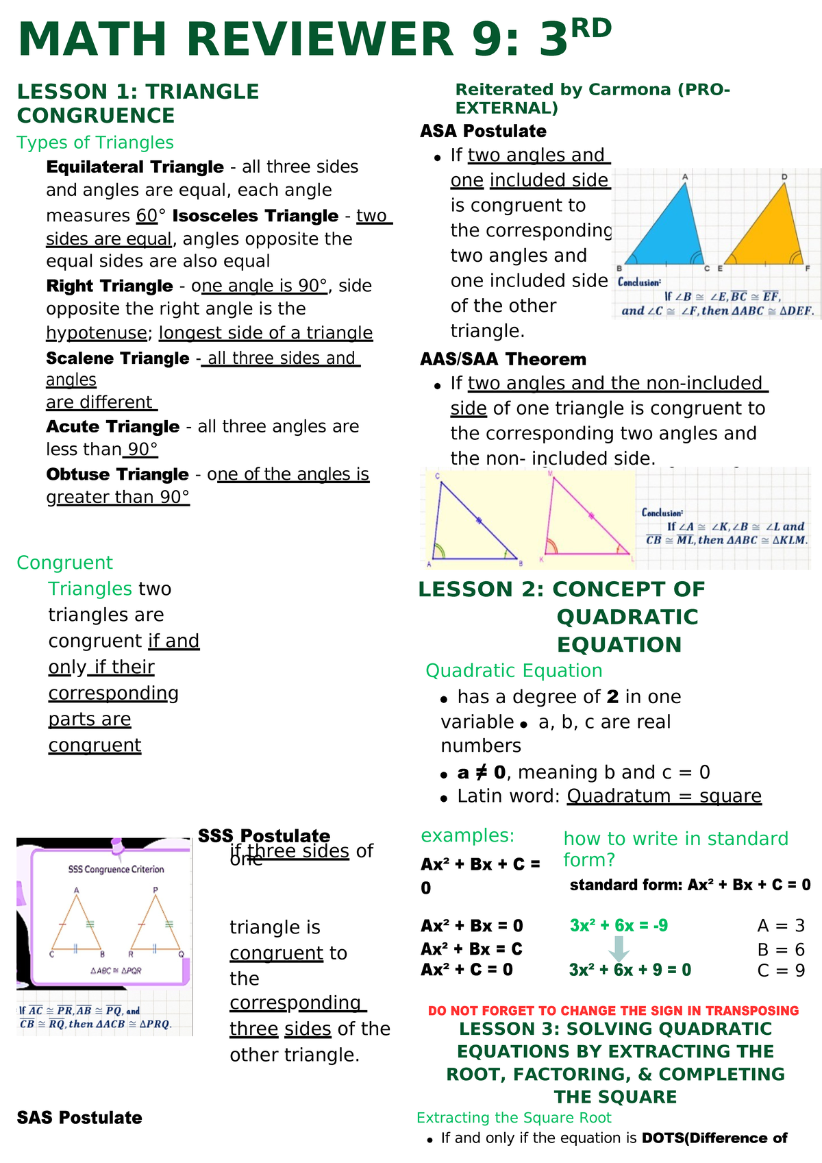 MATH 9: Reviewer on Triangle Congruence & Quadratic Equations - Studocu