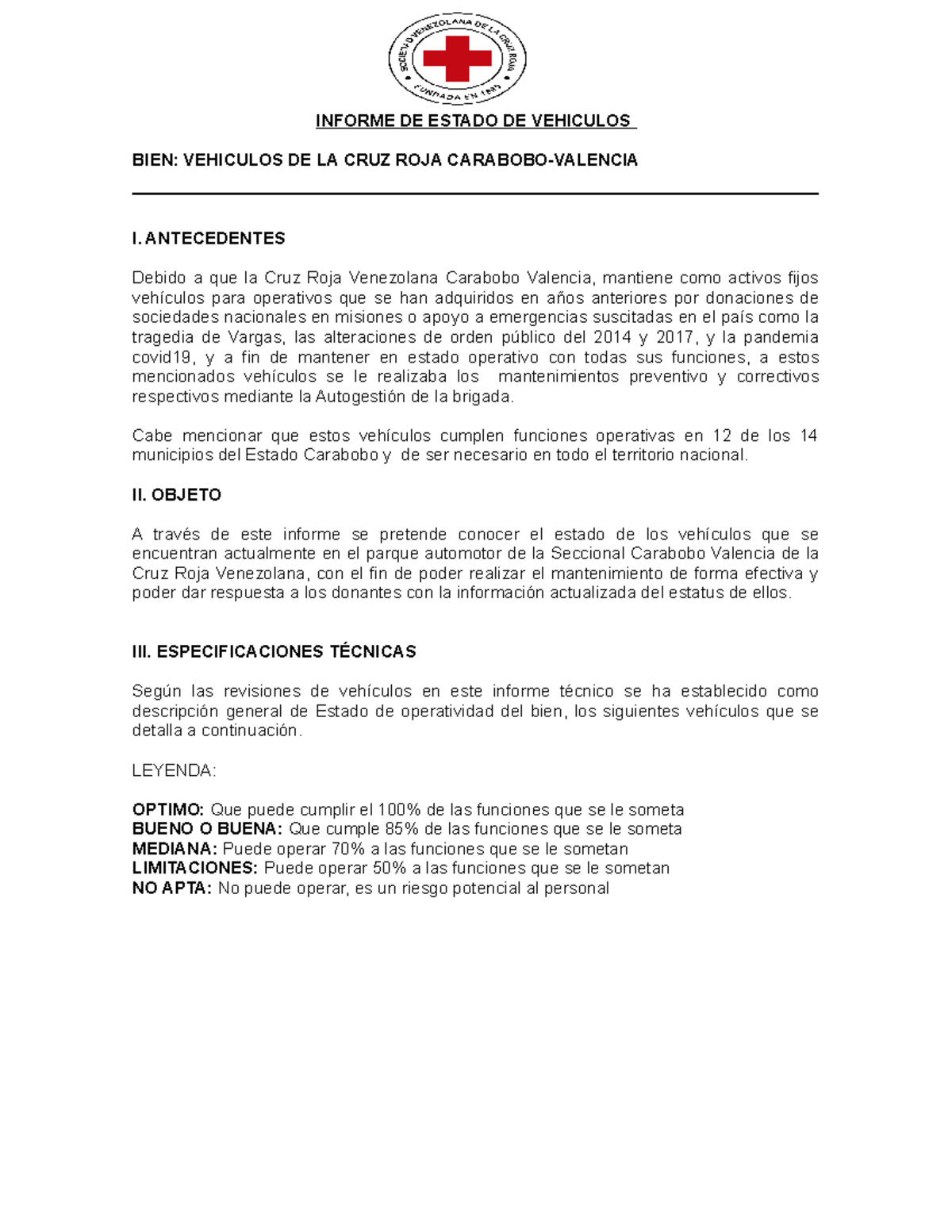 Informe de Estado de Vehículos - Cruz Roja Carabobo-Valencia - Studocu