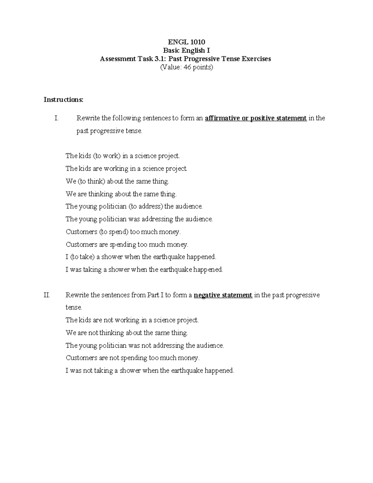ENGL 1010 Basic English I Assessment Task 3.1: Past Progressive ...
