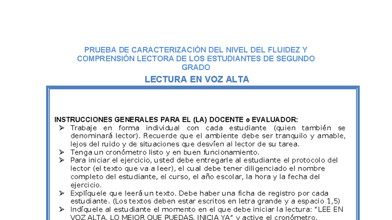 Prueba de Caracterización de Fluidez y Comprensión - Grado 2 - Studocu
