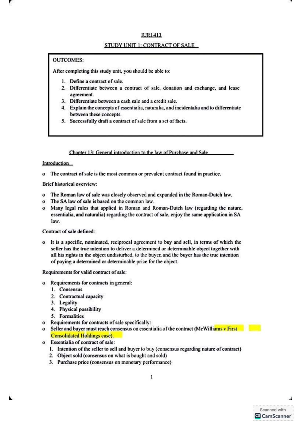 IURI 413 - Lecture Notes on Contract of Sale in Study Unit 1 - Studocu