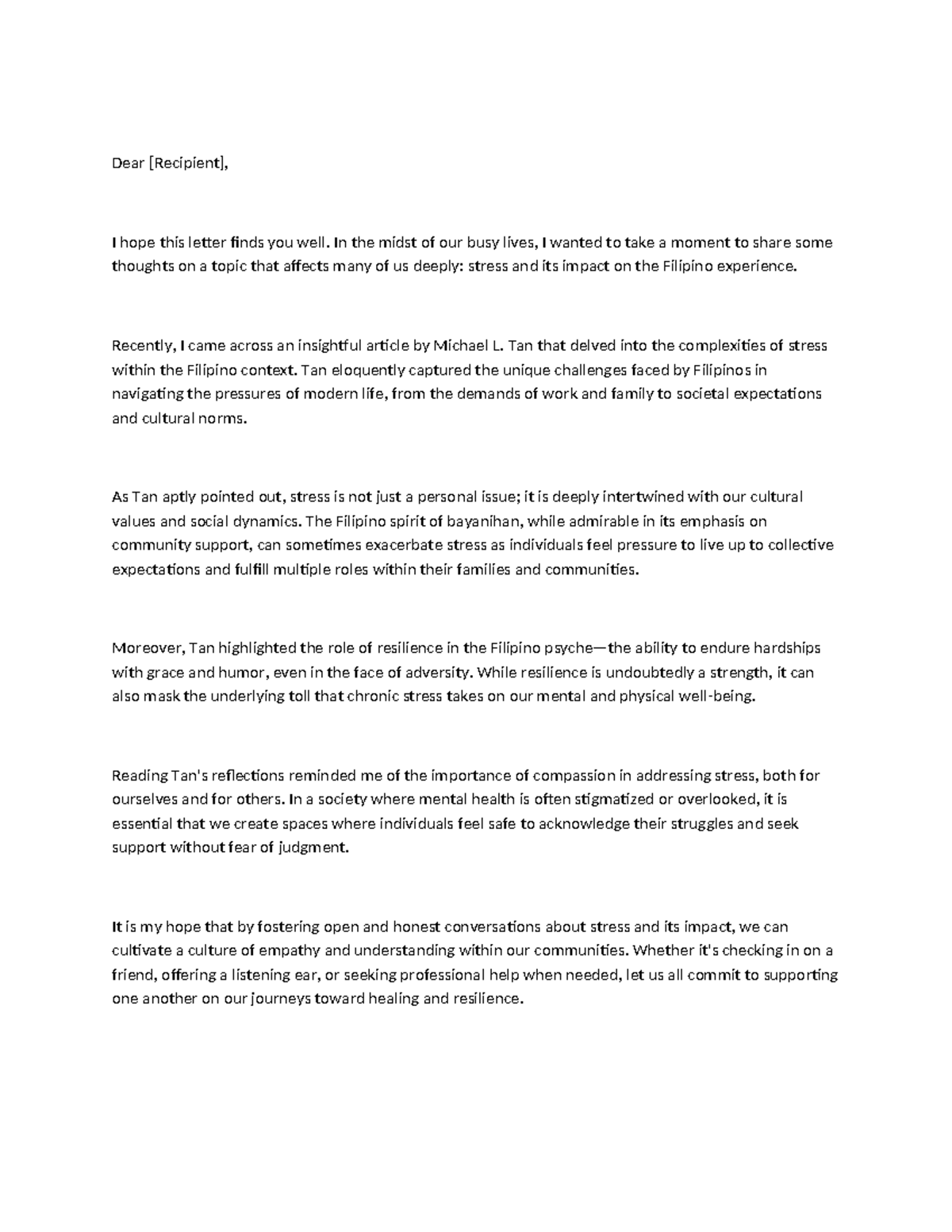 Compassionate Letter - Understanding the Self - Dear [Recipient], I ...