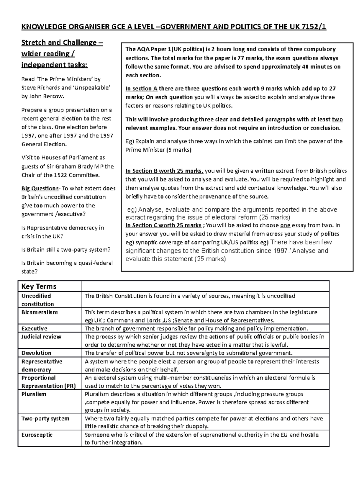 GCE A Level Politics Knowledge Organiser: UK Government & Politics 7152 ...