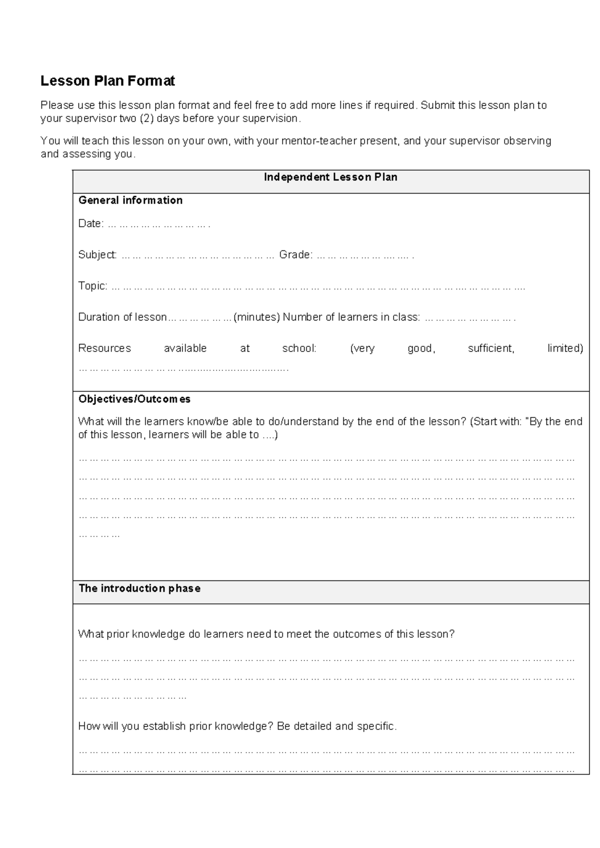 Independent Lesson Plan Format for Effective Teaching - Studocu