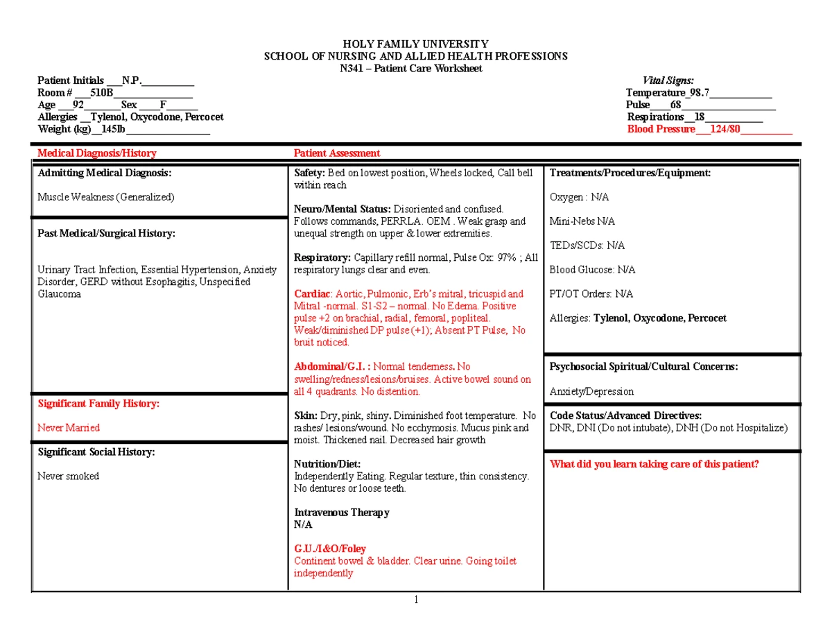 N341 - Patient Care Worksheet & Assessment for N.P. (Final Exam) - Studocu