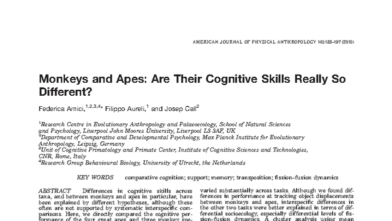 Cognitive Skills in Monkeys vs. Apes: A Comparative Study (AMJPA 2010 ...