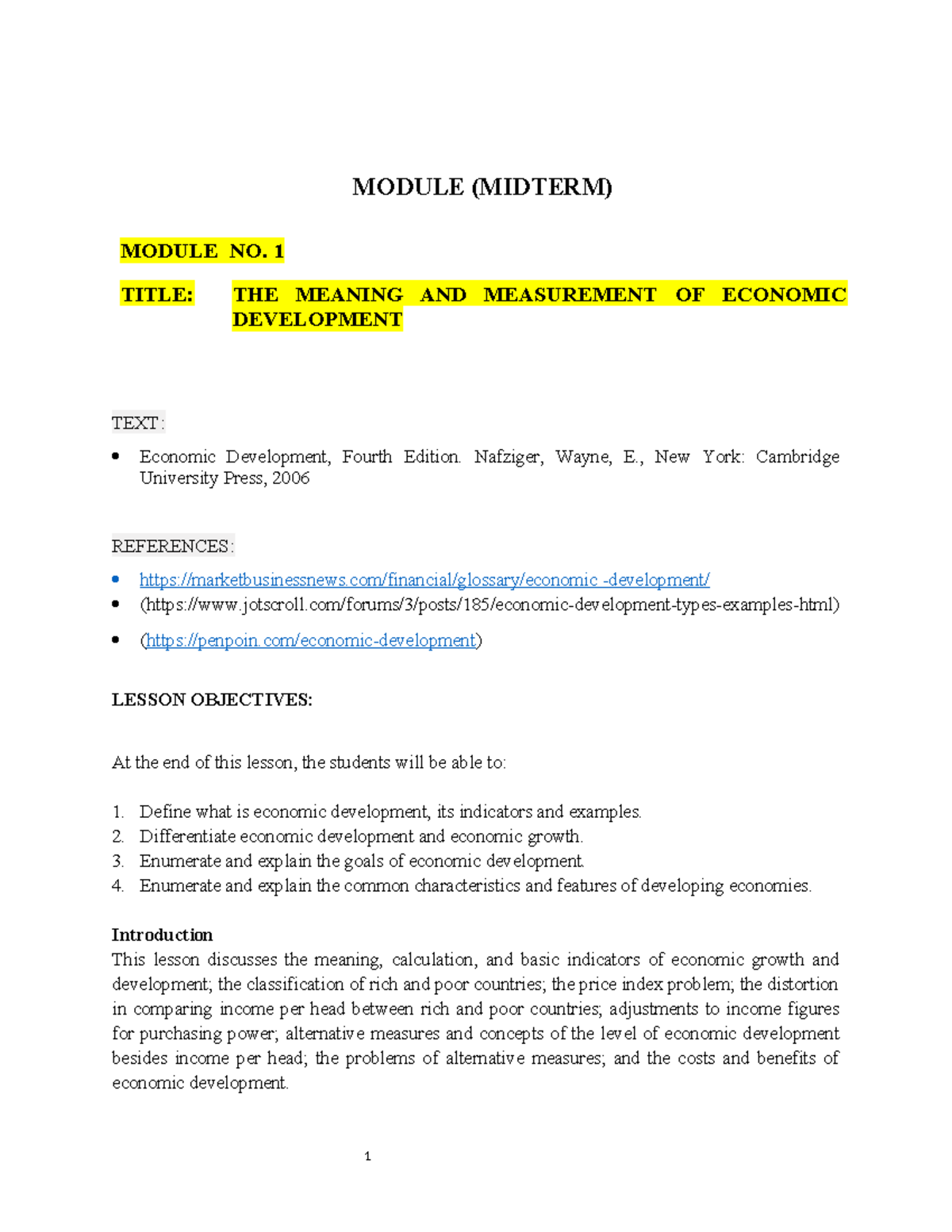 AE12 M Midterm Module 1: Understanding Economic Development Meaning ...