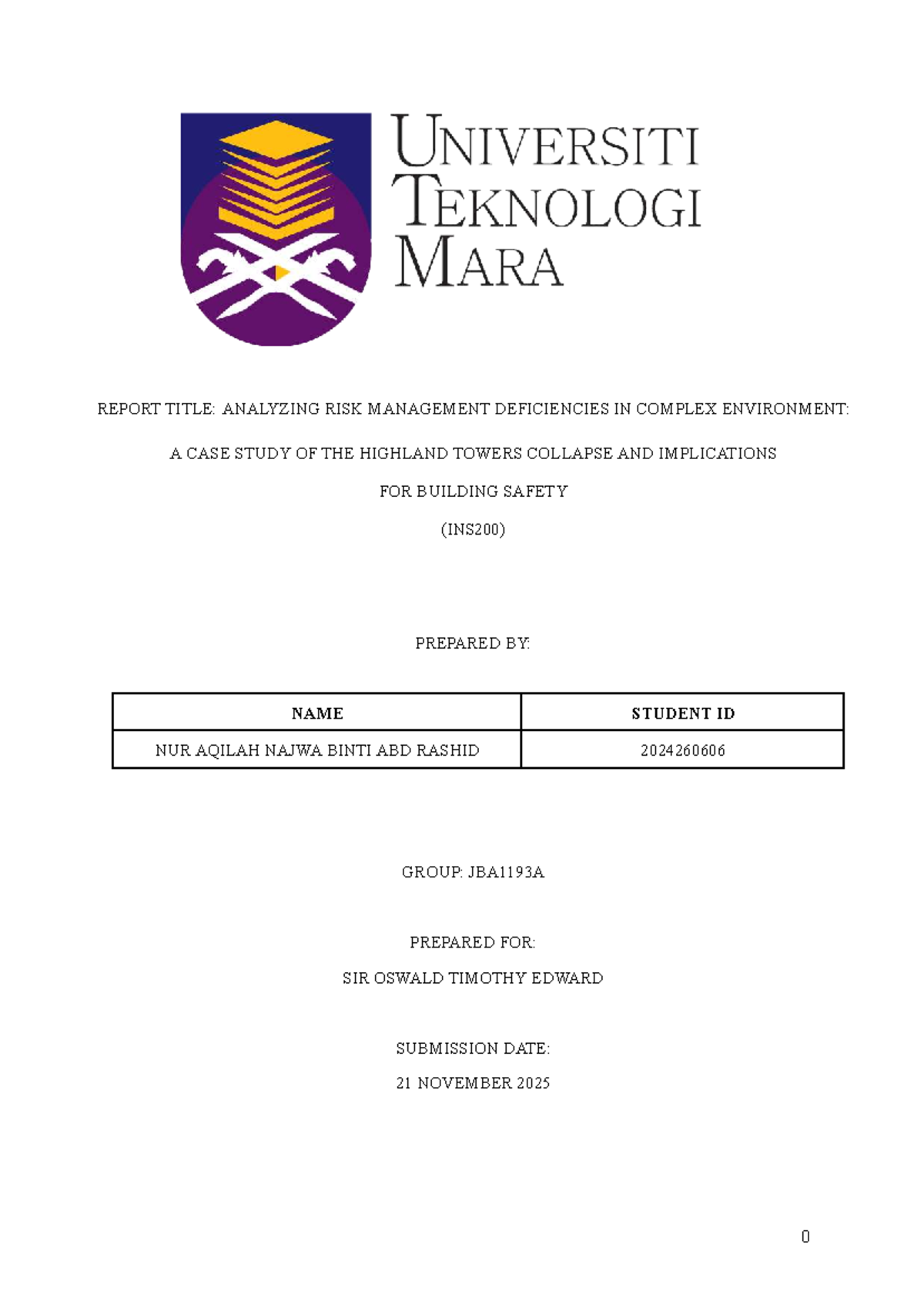 INS200 Case Study: Analyzing Risk Management in Highland Towers ...