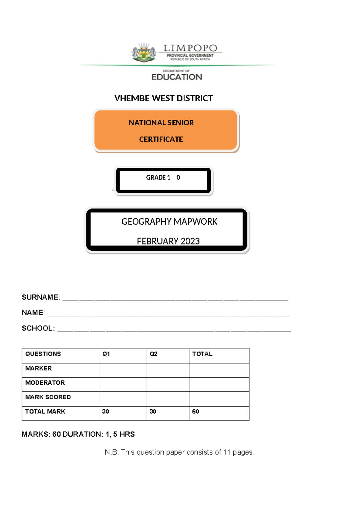 Mapwork task grade 10 Vhembe West February 2023 exam questions - Studocu