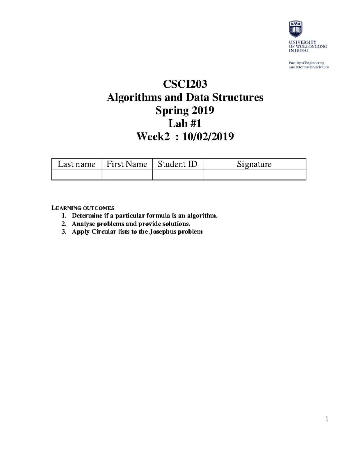 CSCI203 SP2019 Lab1: Algorithms, GCD, and the Josephus Problem - Studocu