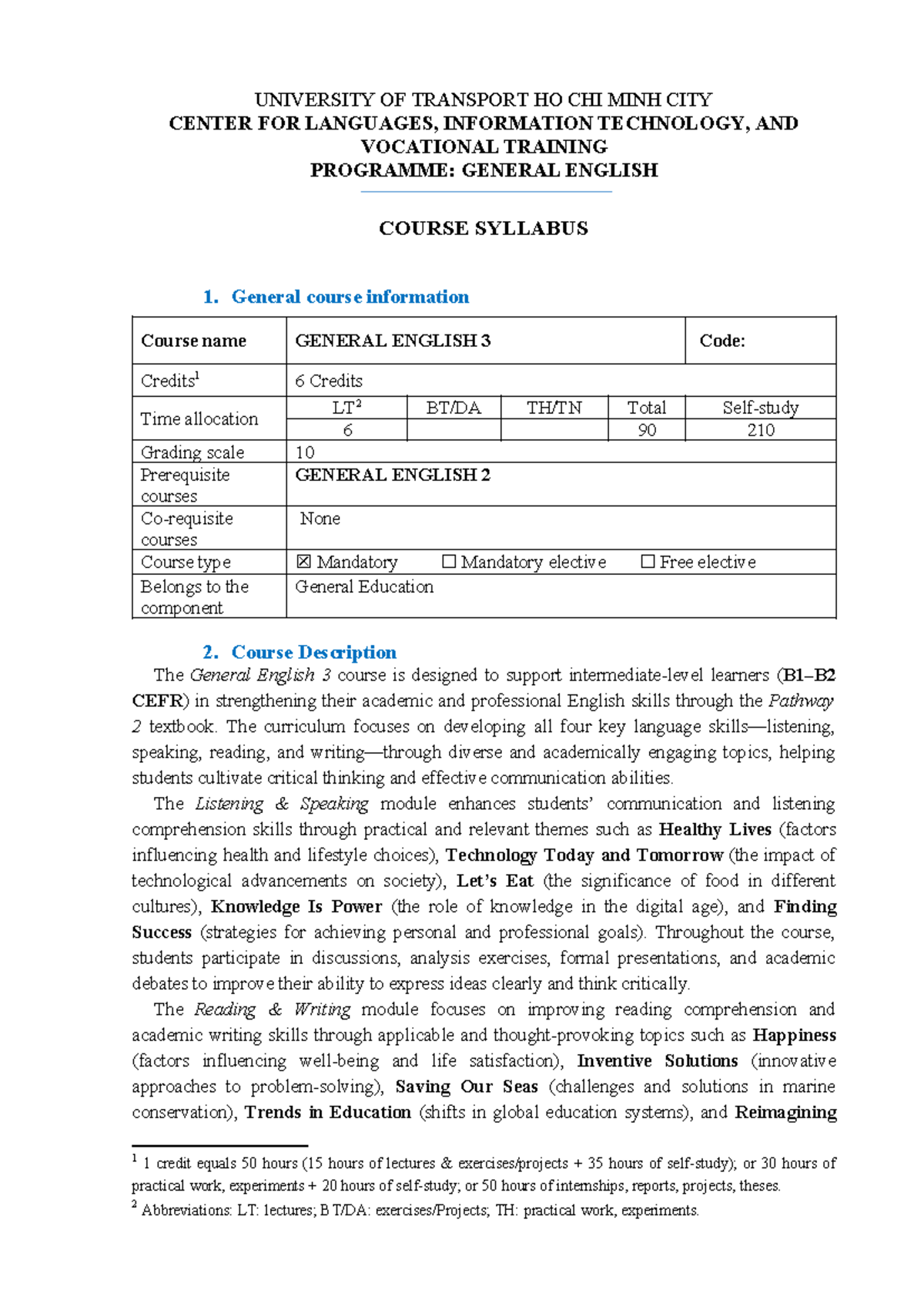 Course Syllabus: General English 3 (3IC1E) - Comprehensive Overview ...