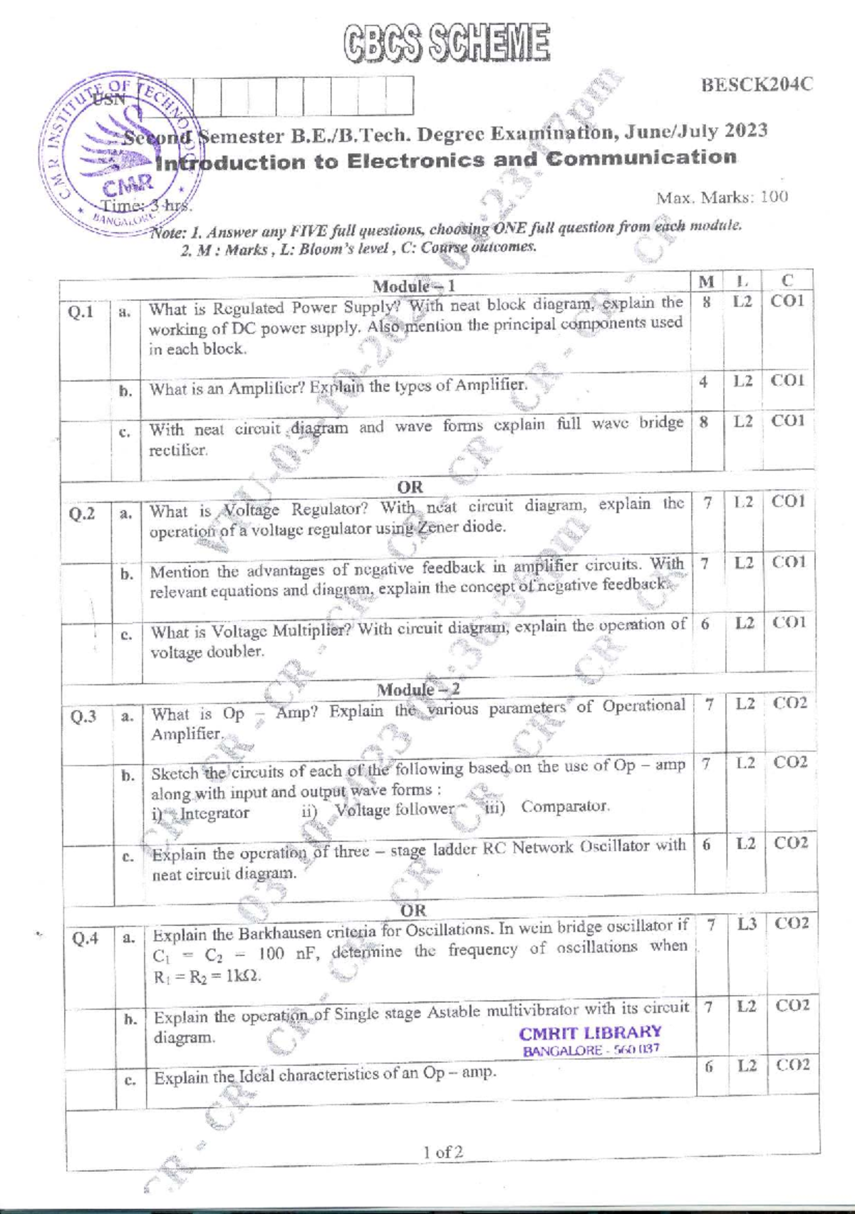 VTU Question Paper BESCK204C Intro to Electronics & Communication June ...