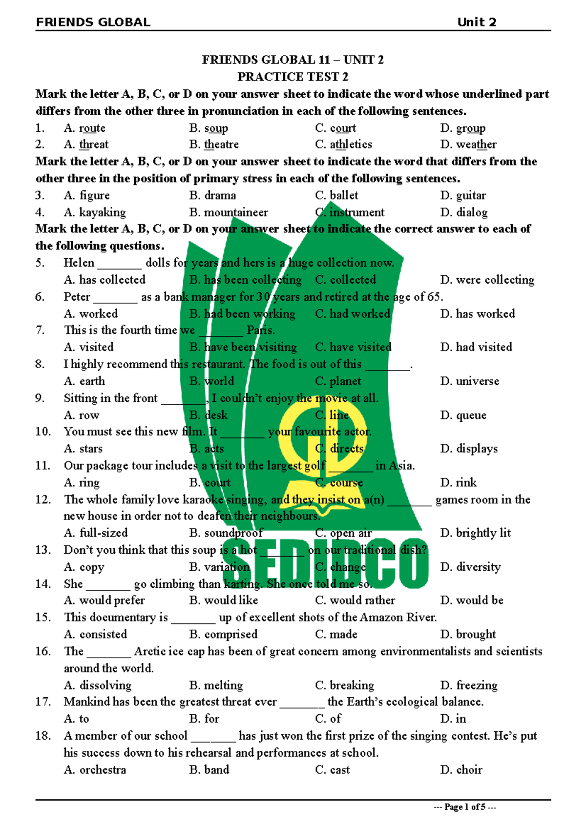 Tieng Anh 11 Friends Global - Unit 2 - Practice Test 2 - Studocu