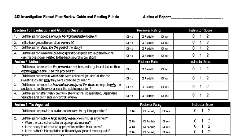 ADI Investigation Report Peer Review Guide & Grading Rubric - Studocu