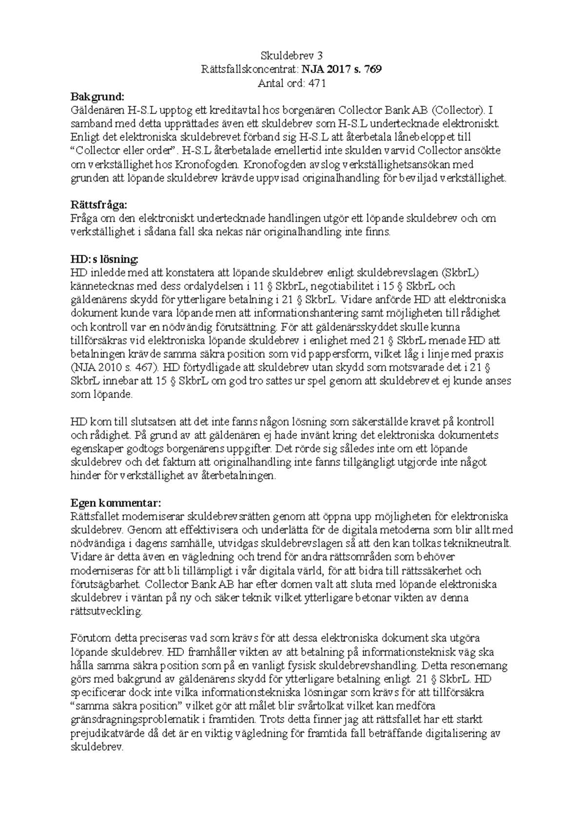 Rättsfallskoncentrat Skuldebrev 3 - NJA 2017 s. 769 - CA-L - SU - Studocu