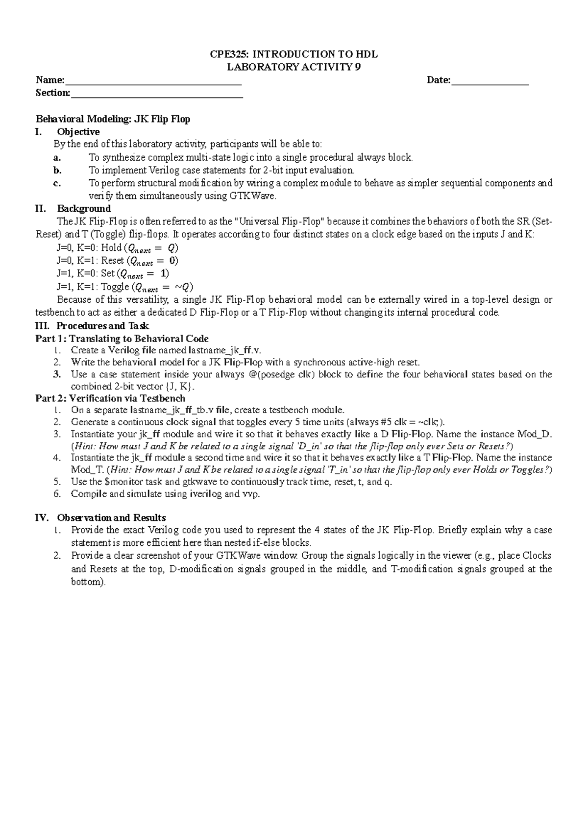 CPE325: HDL Lab 9 - Behavioral Modeling of JK Flip Flop - Studocu