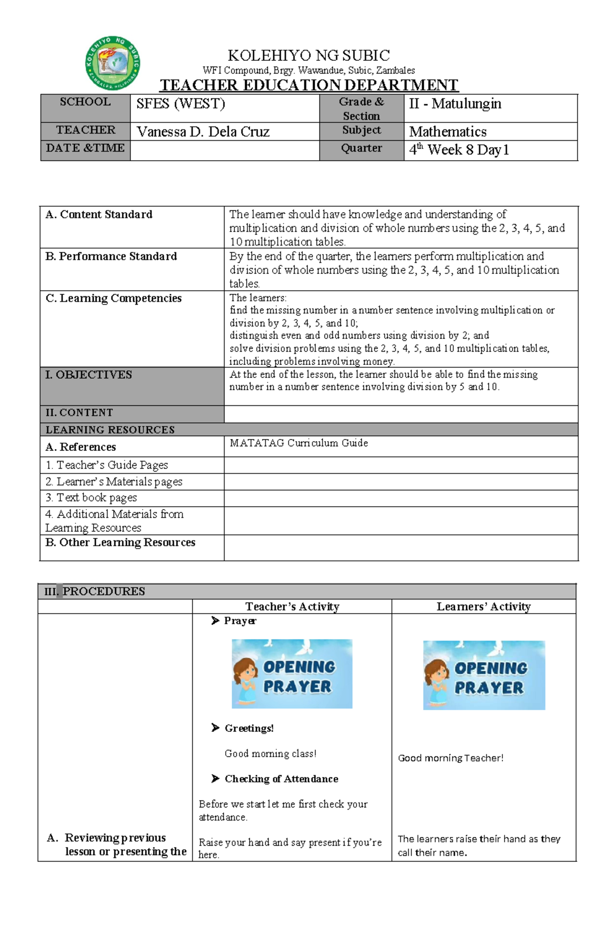 MATH2-DLP Lesson Plan: Multiplication & Division Concepts for Grade 4 ...