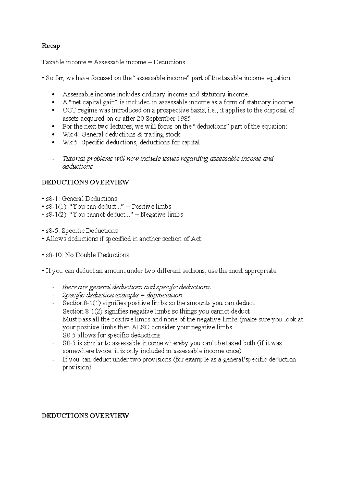 TABL2751 Notes - Recap Taxable income = Assessable income – Deductions ...