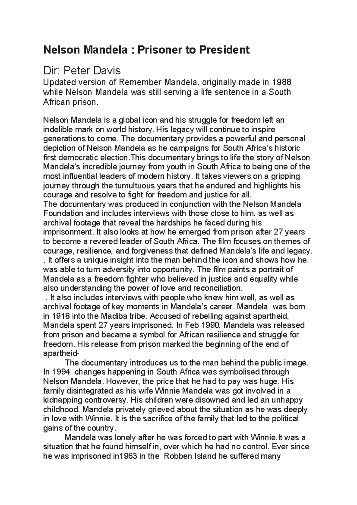 Nelson Mandela Documentary Notes: From Prisoner to President Insights ...