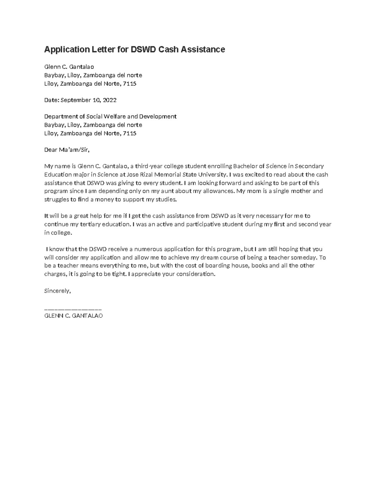 Application Letter for DSWD Cash Assistance - Glenn Gantalao - Studocu