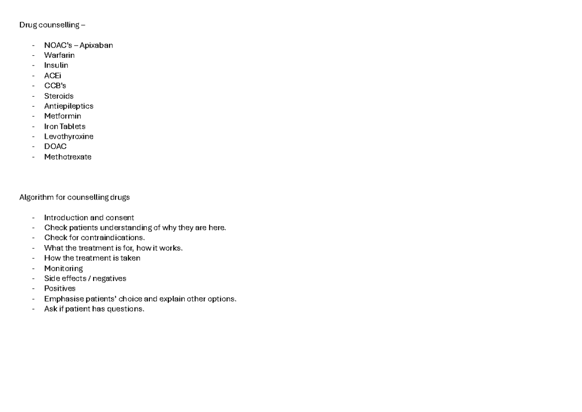 Drug Counselling OSCE Table: Key Medications & Counseling Points - Studocu