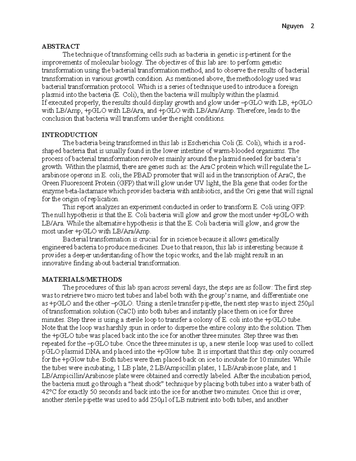 Bacterial Transformation Lab Report - Nguyen 2 ABSTRACT The technique ...
