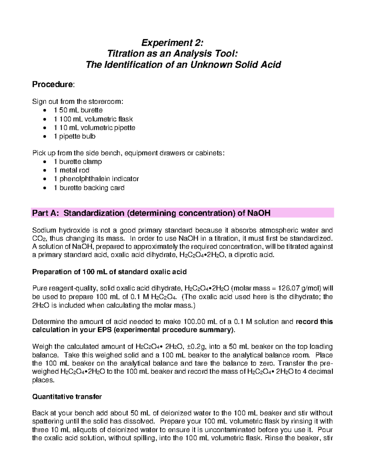 Titration Procedure for Unknown Solid Acid Analysis (CHEM 120L F20) - Studocu