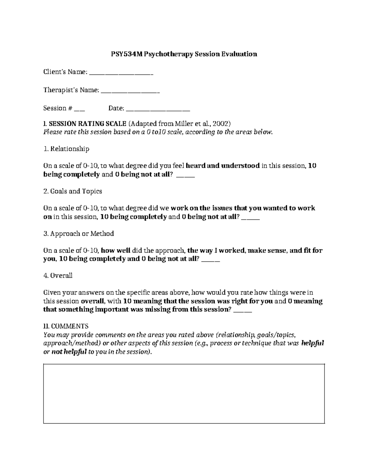 PSY534M Psychotherapy Session Evaluation Client Feedback Form - Studocu