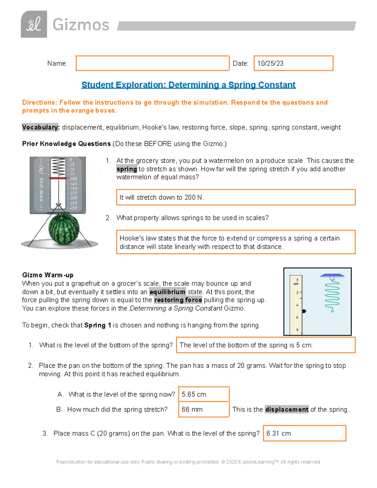 Gizmo Exploration: Determining Spring Constant SE Study Guide - Studocu