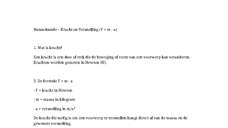 Natuurkunde Kracht en Versnelling (F m a) - Lesnotities - Studeersnel