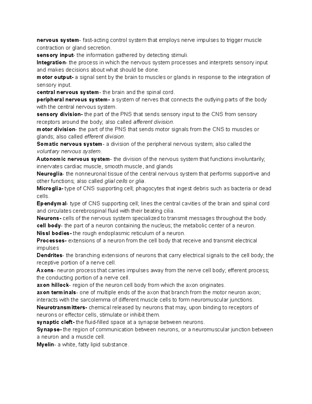 Anatomy Vocab for Nervous System - Key Terms & Definitions - Studocu