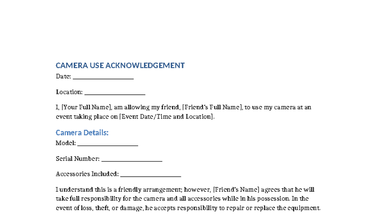 Camera Use Acknowledgement - CAMERA USE ACKNOWLEDGEMENT Date ...
