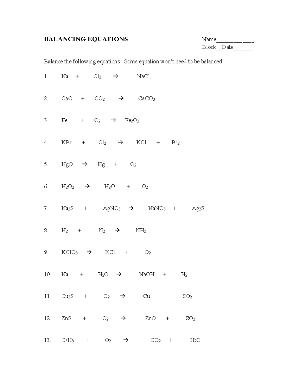 Practice Questions for Balancing Equations and Stoichiometry (CHEM 101 ...