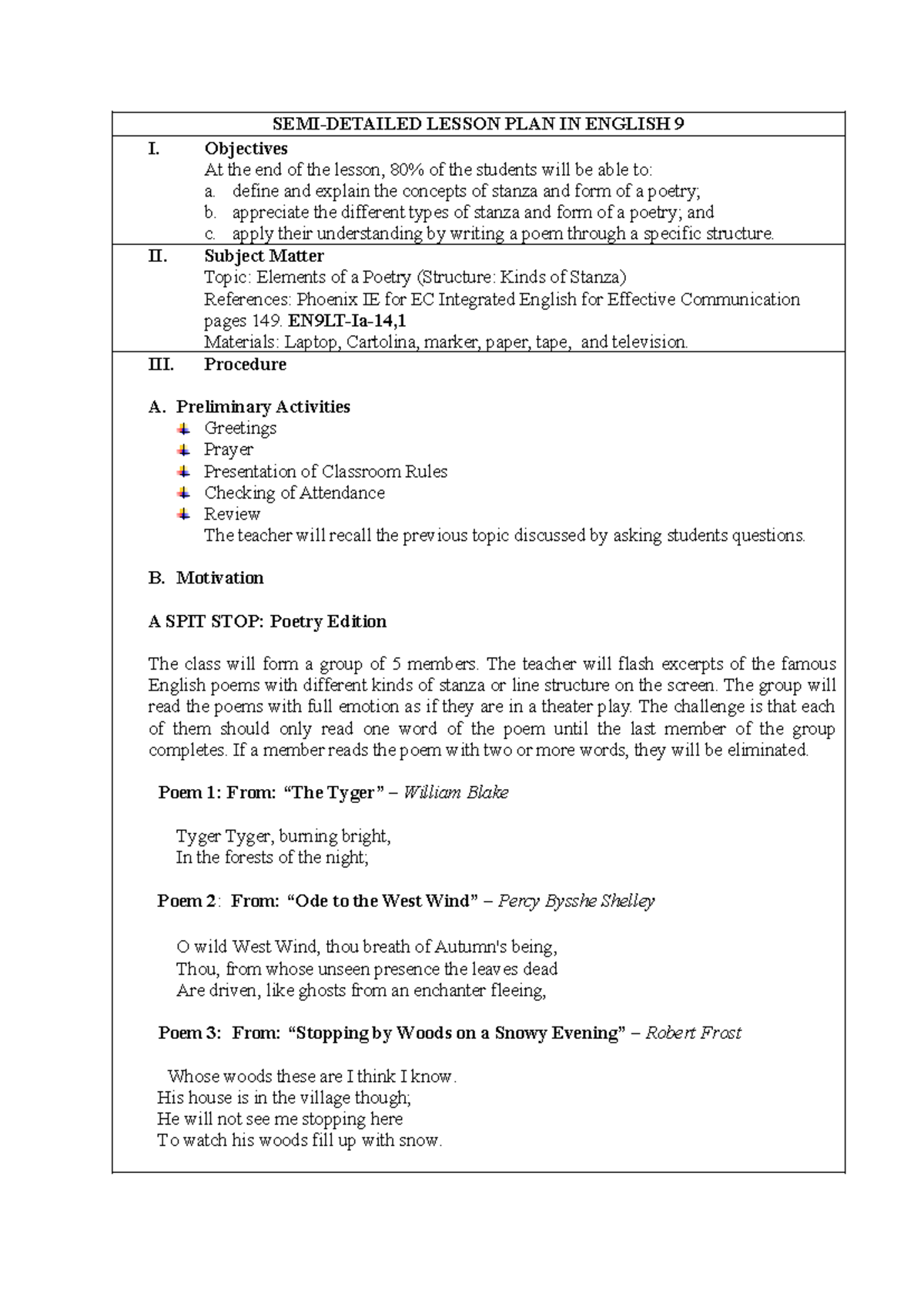 EN9 Lesson Plan: Elements of Poetry - Stanza & Structure - Studocu