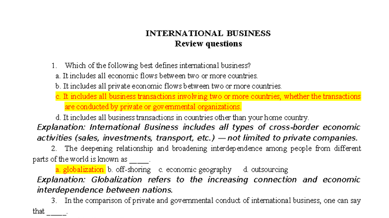 INTERNATIONAL BUSINESS Review Questions and Explanations - Studocu