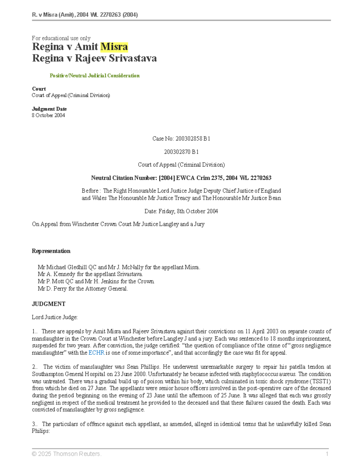 R. v Misra (Amit) - Case Study on Gross Negligence Manslaughter - Studocu