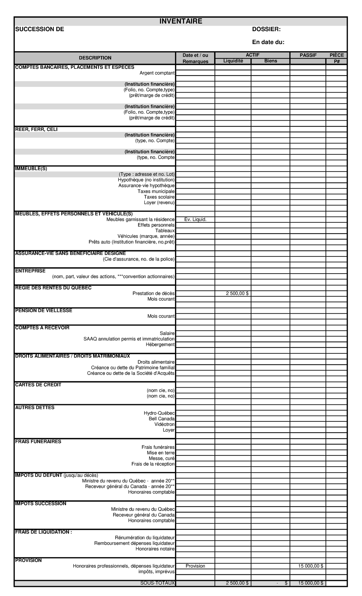Tableau d'Inventaire Successoral et Évaluation des Actifs - Studocu