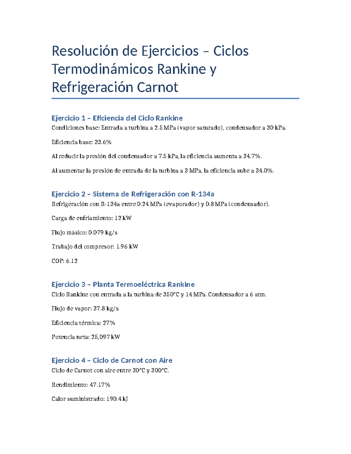 Ejercicios de Ciclos Termodinámicos Rankine y Carnot - Resolución - Studocu