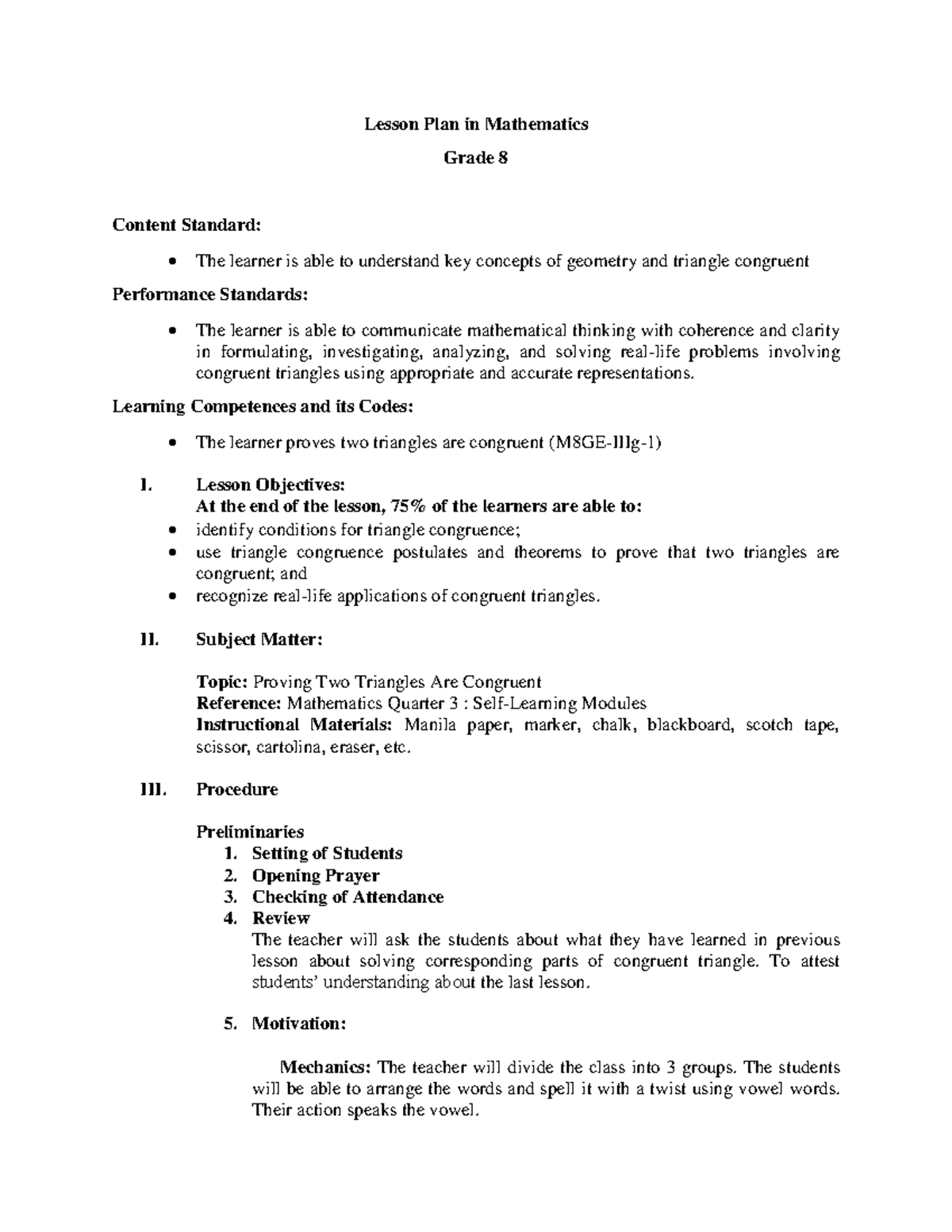 M8GE-IIIg-1 Lesson Plan: Proving Triangle Congruence in Geometry - Studocu