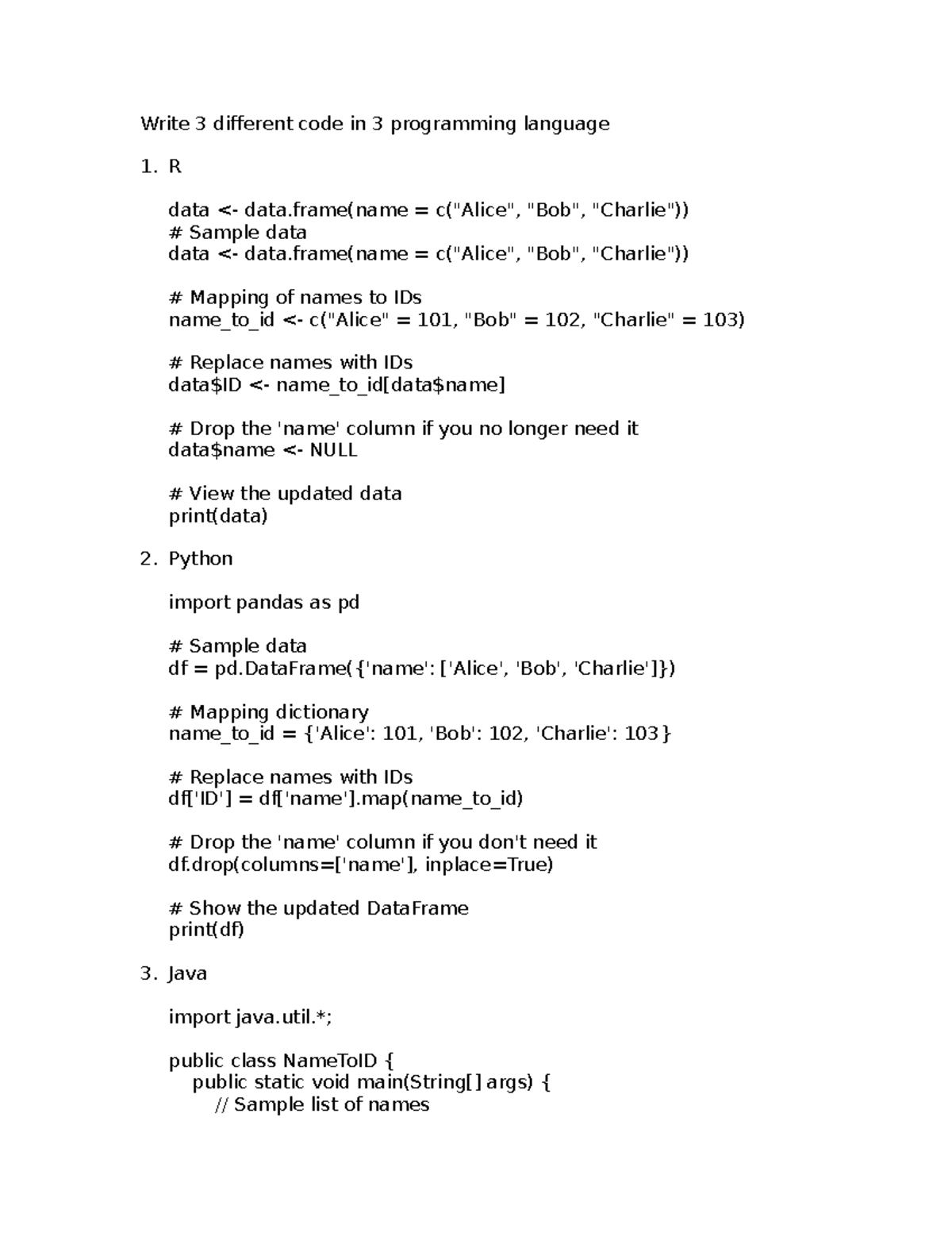 Programming Assignment: Code Examples in R, Python, and Java - Studocu