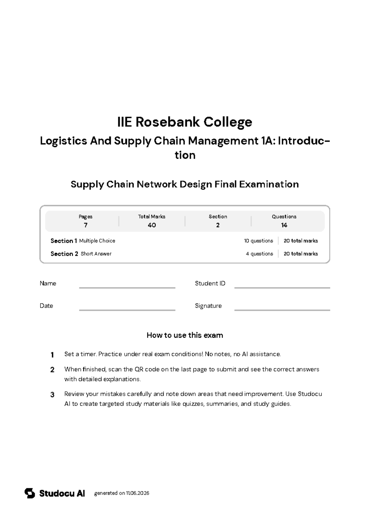 Supply Chain Network Design Final Exam - Studocu