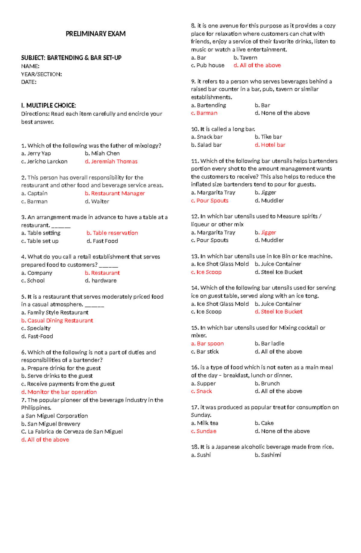 TEMP- Bartending Preliminary Exam Questions and Guidelines - Studocu